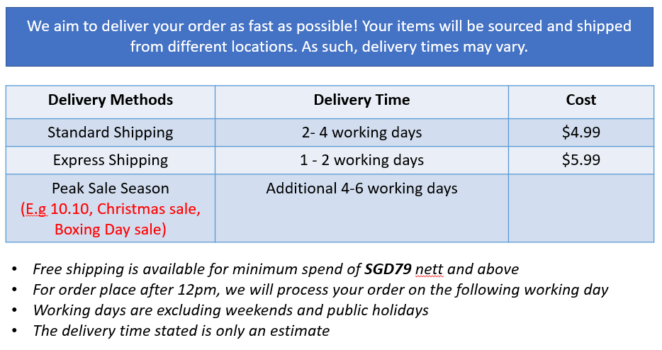 Our delivery schedule & fee – G2000 Singapore